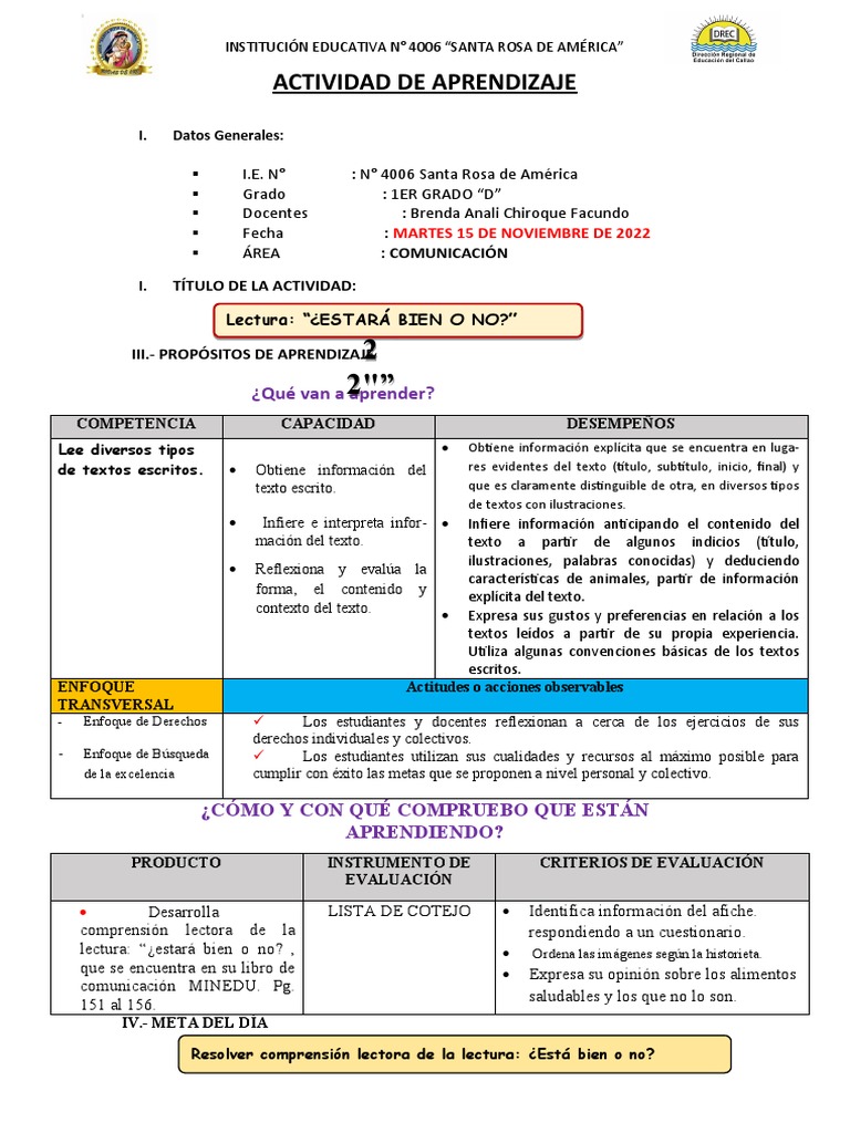 Sesión de Lectura Estará Bien Ono | PDF | Aprendizaje | Método de enseñanza
