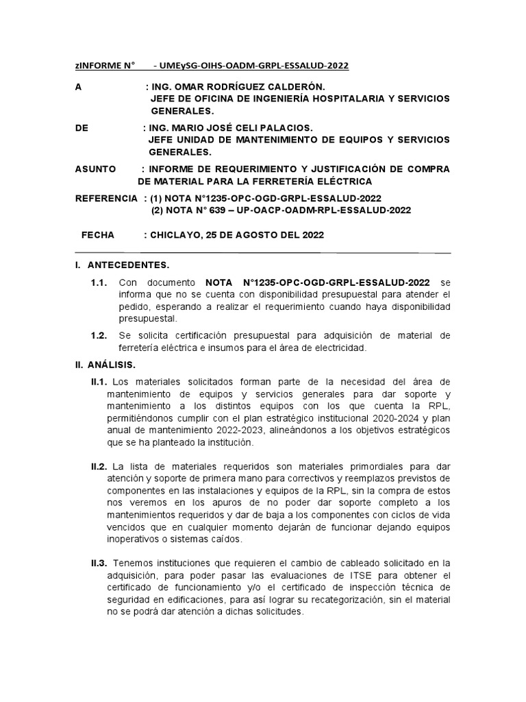 Informe de Requerimiento y Justificación de Compra de Material para La ...