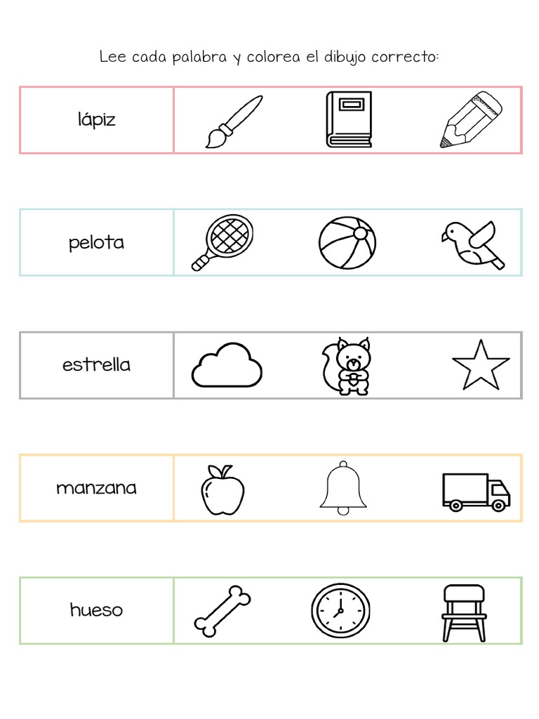 Asociacion Palabra Imagen Lee Busca y Colorea | PDF