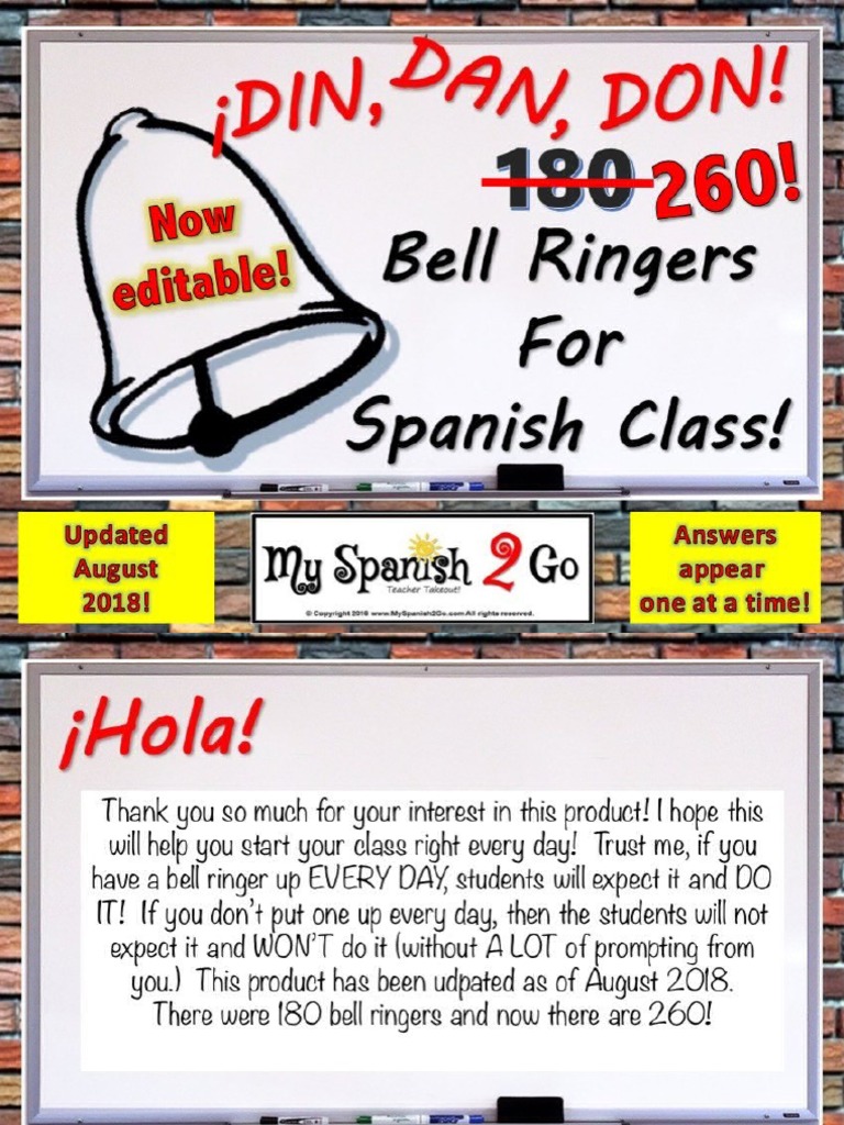 BELLRINGERS260 Was 180 Bell Ringersfor Middleor High School Spanish ...
