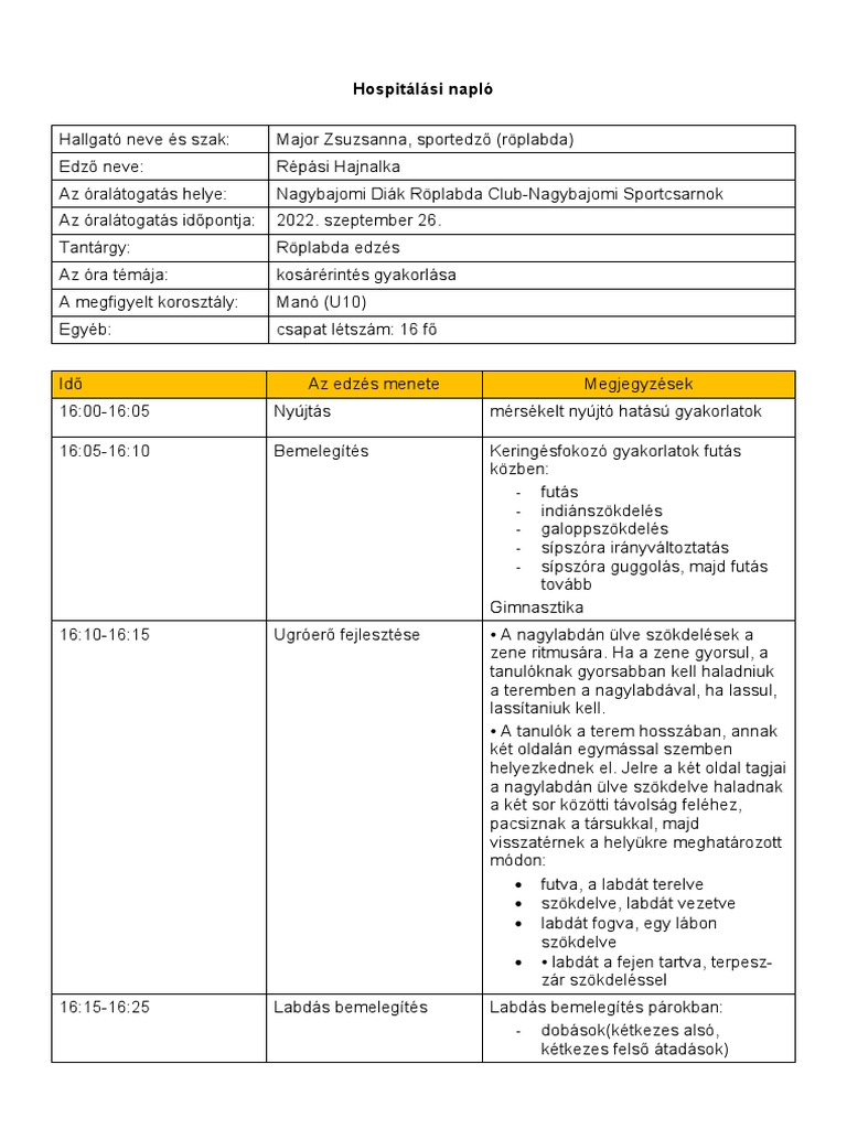 Hospitálási-Napló U10 ÁLLÓKÉPESSÉG | PDF