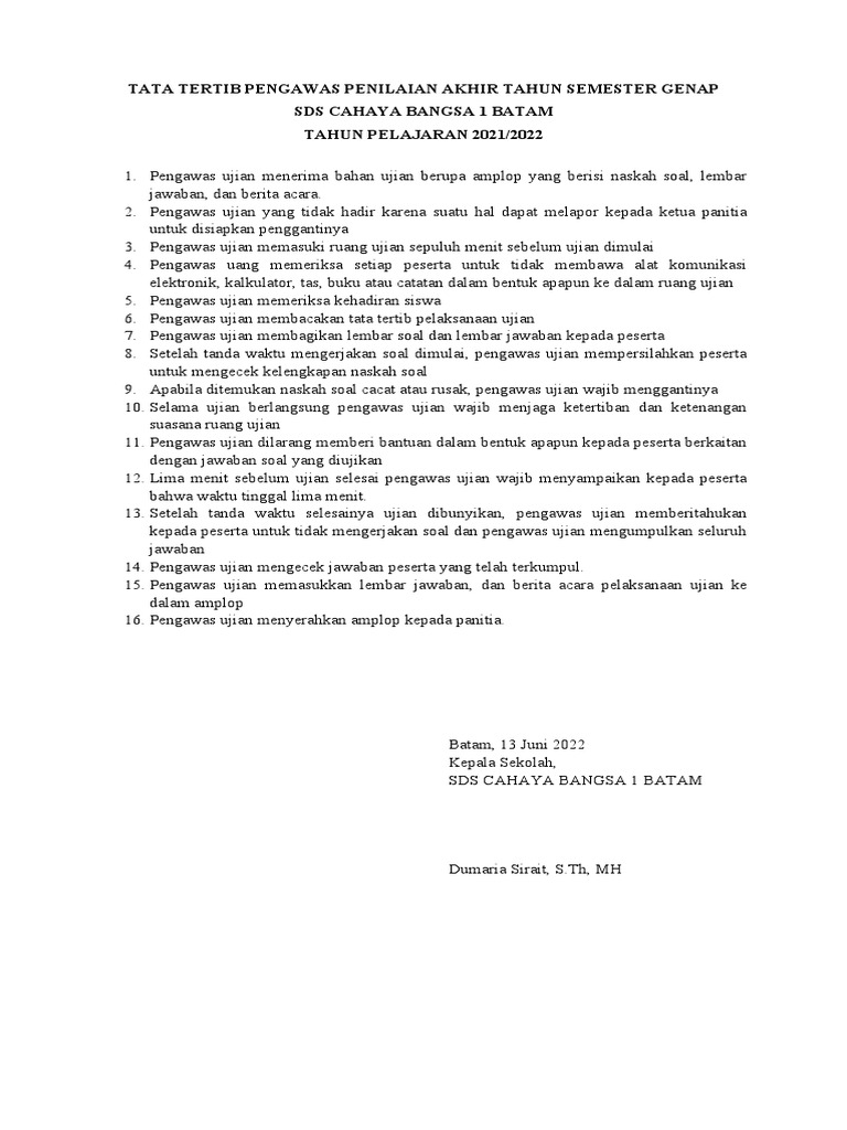 Tata Tertib Pengawas Penilaian Akhir Tahun Semester Genap | PDF