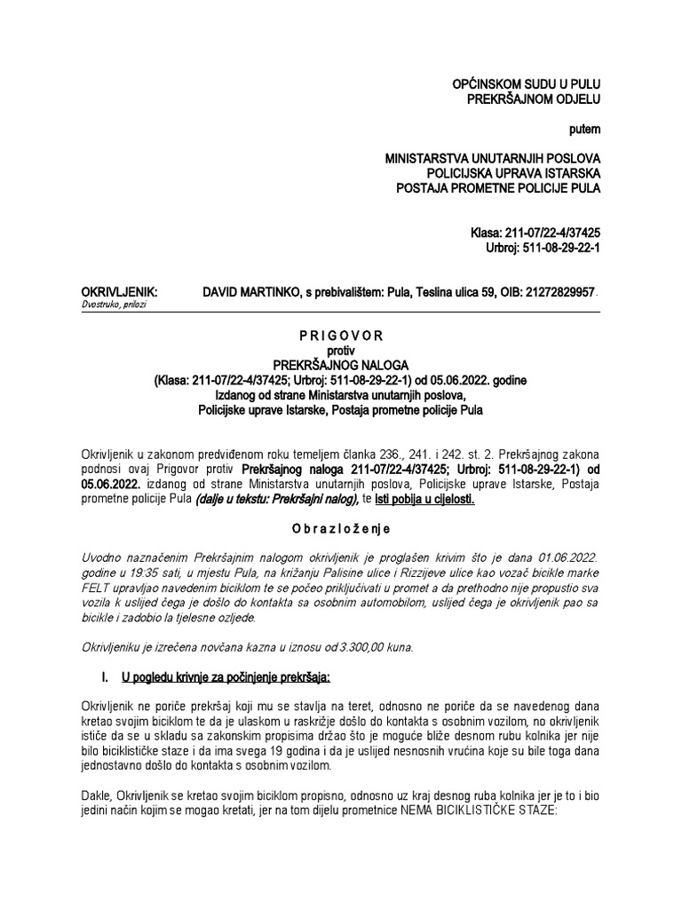 PRIGOVOR Prekršajni Nalog Martinko - Kopija | PDF