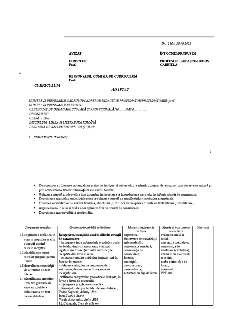 Curriculum Adaptat Elev Ces CL. A IX-A | PDF