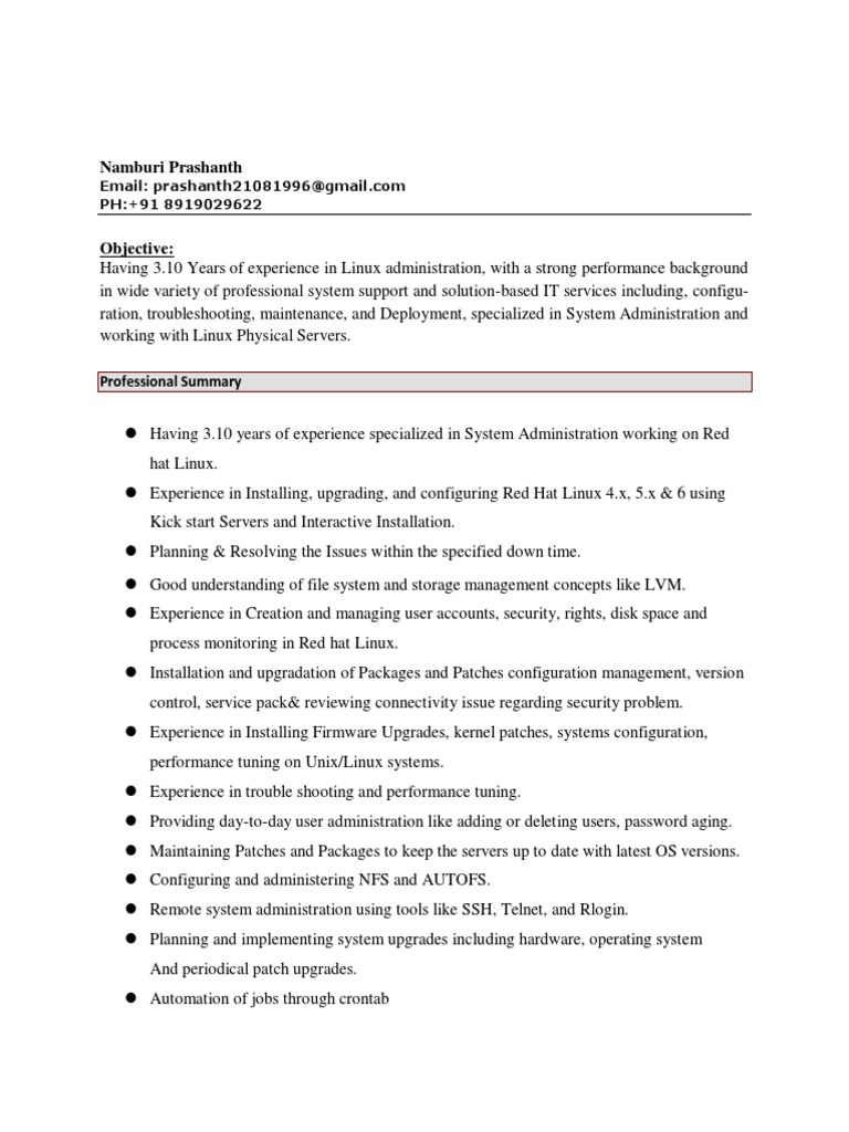 Prashanth RESUME | PDF | Operating System | Linux