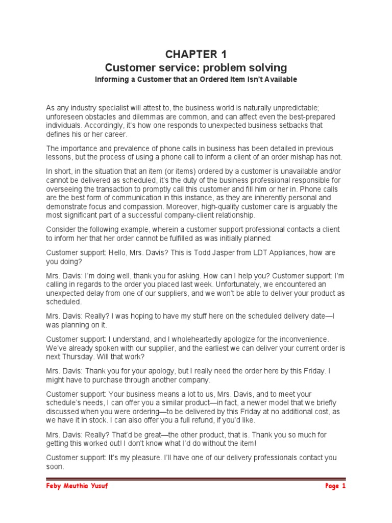 Customer Service: Problem Solving: Informing A Customer That An Ordered ...