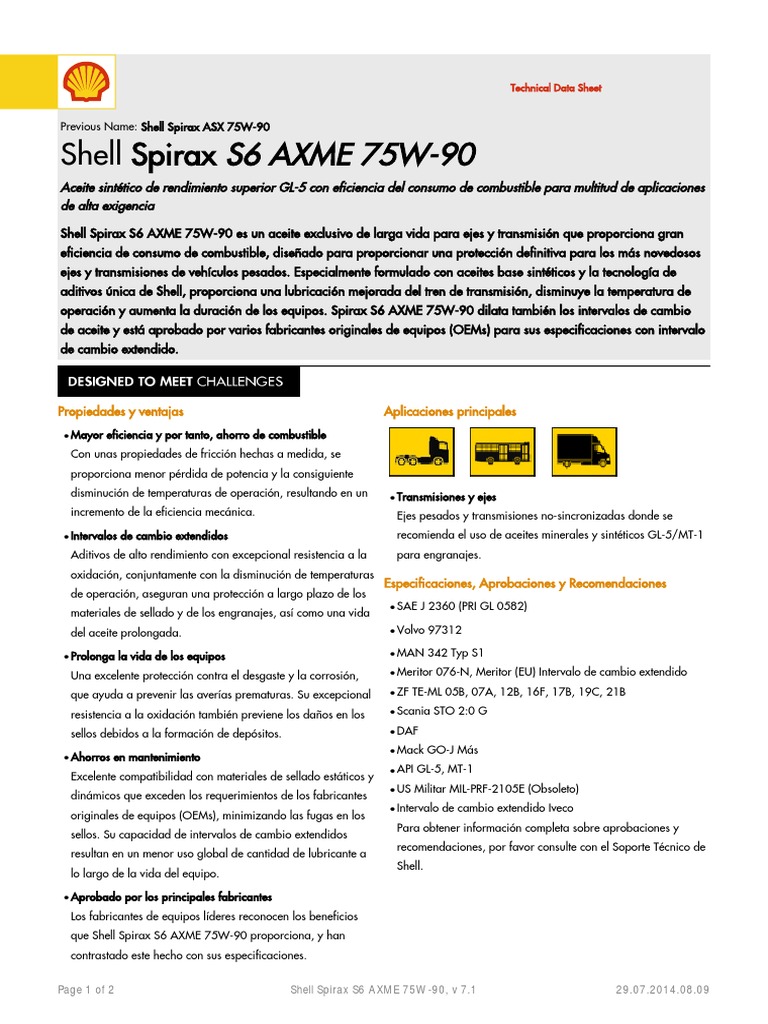 Ficha Técnica Shell Spirax S6 AXME 75W-90 | PDF