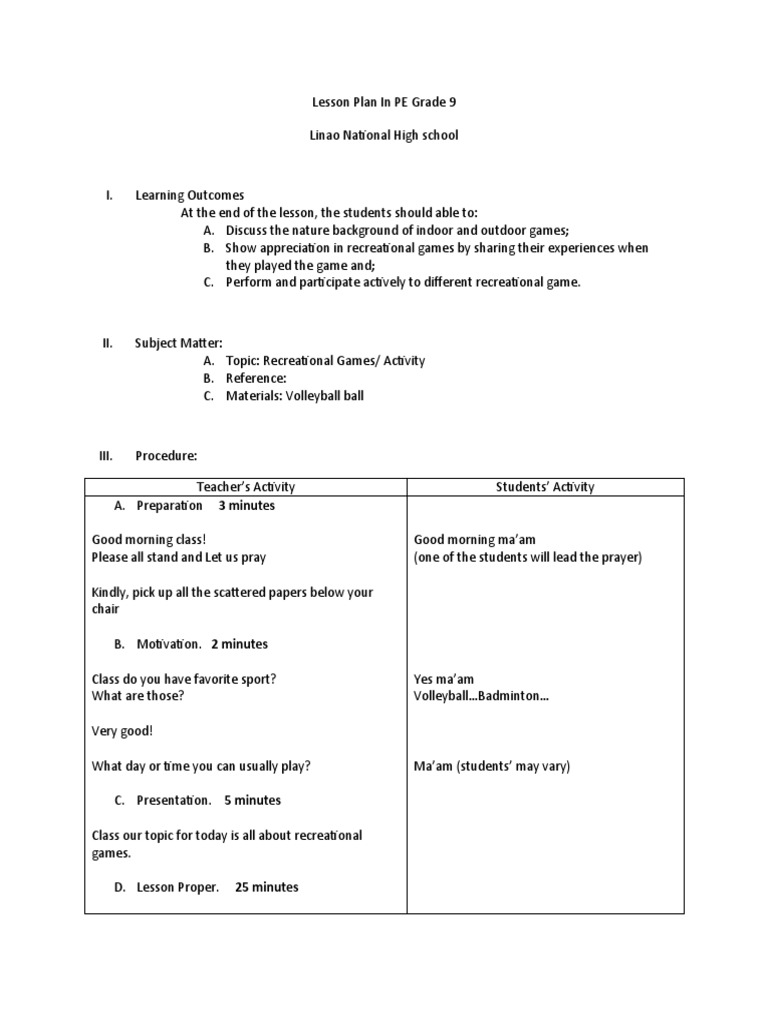 Lesson Plan in Physical Education and Health GRADE 9 | PDF | Lesson ...
