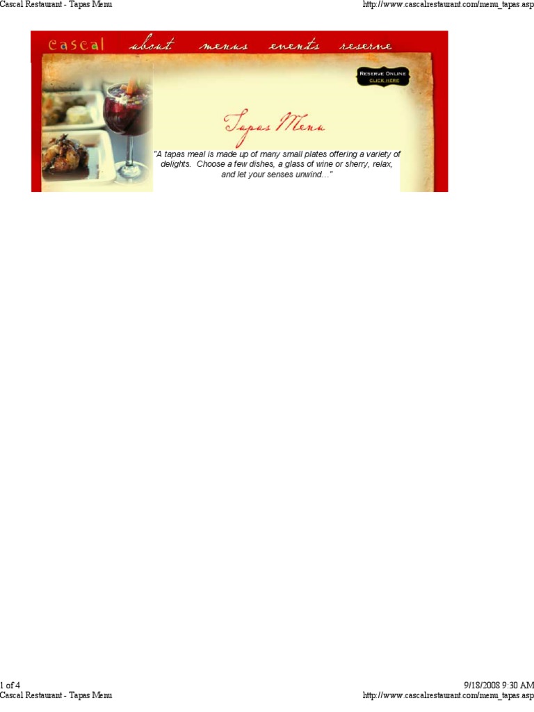 Cascal Restaurant - Tapas Menu | PDF | Salad | Food And Drink