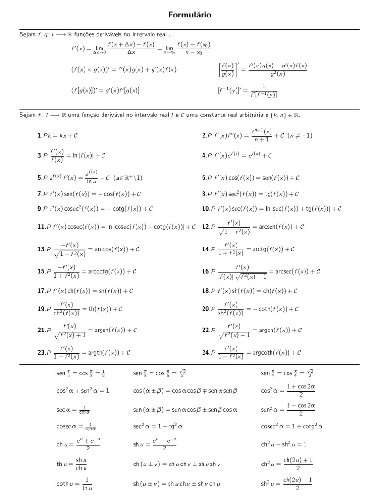 Formulário Primitivas | PDF | Matemática | Analise matemática