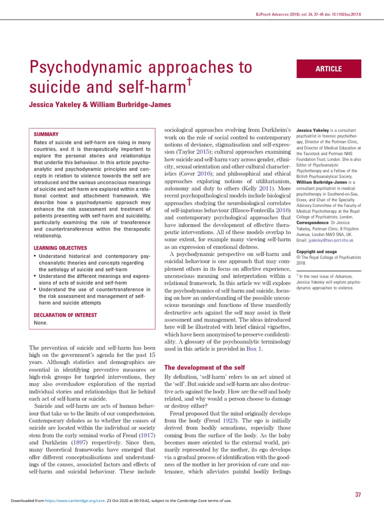 Yakeley & Burbridge (2018) Psychodynamic Approaches To Suicide and Self ...