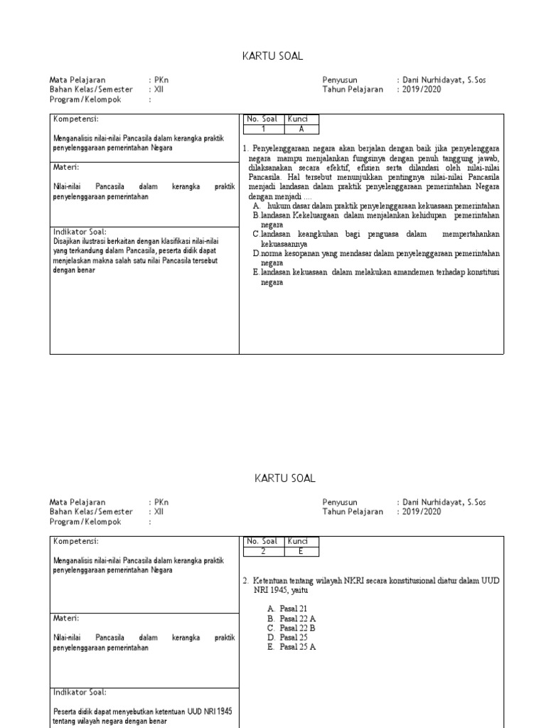 Kartu Soal PKN 2020 | PDF