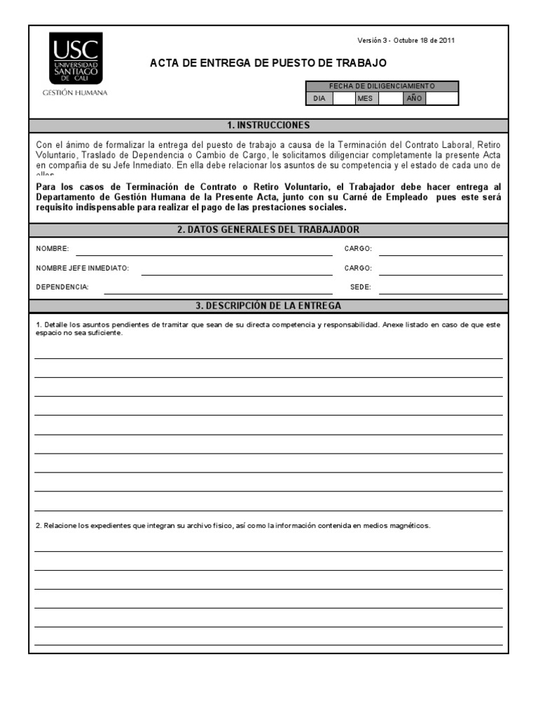 Acta de Entrega de Puesto de Trabajo 3 | PDF