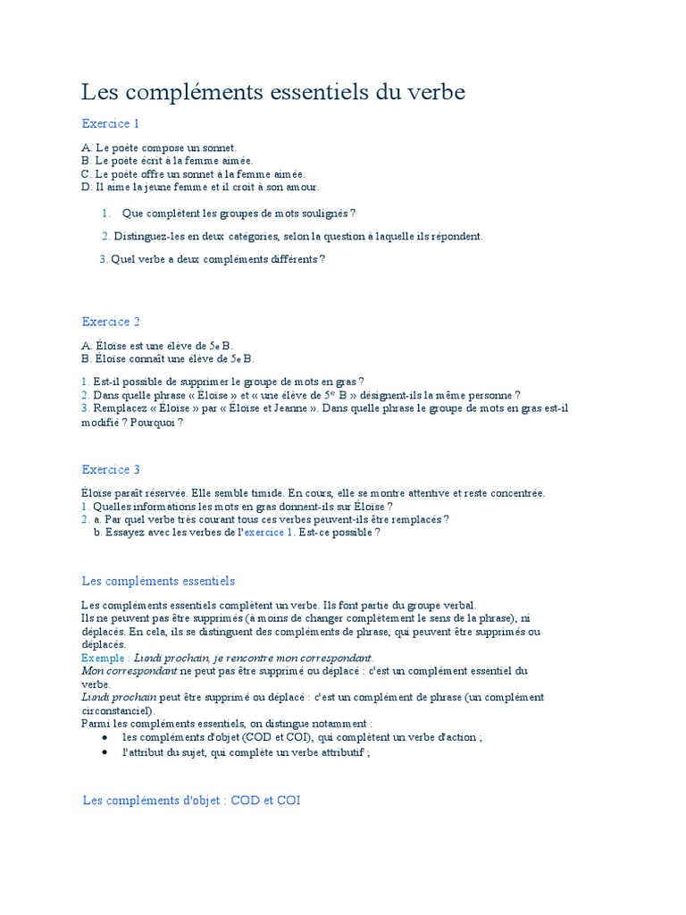 Les Compléments Essentiels Du Verbe | PDF | Sujet (Grammaire ...