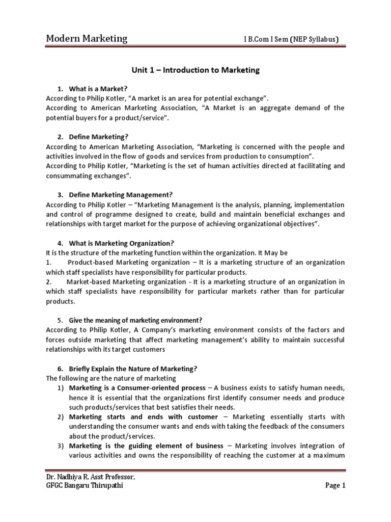 Unit 1 - Introduction To Marketing - NEP Syllabus | PDF | Marketing | Goods