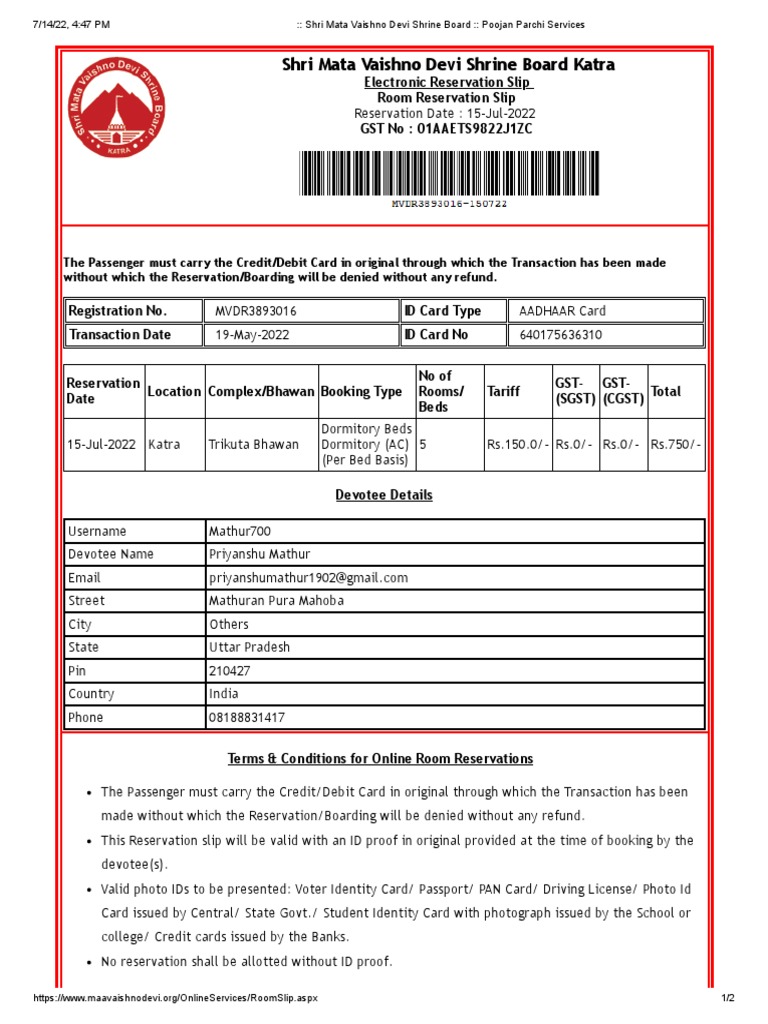 Shri Mata Vaishno Devi Shrine Board - Poojan Parchi Services | PDF ...