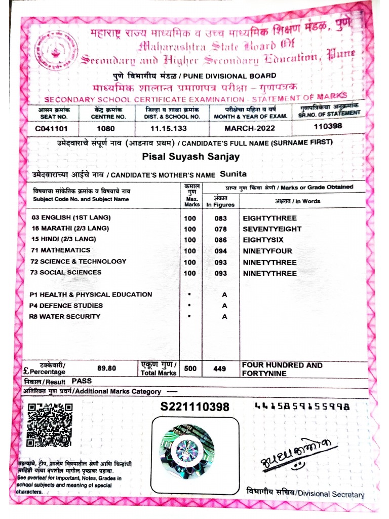 10th Marksheet | PDF