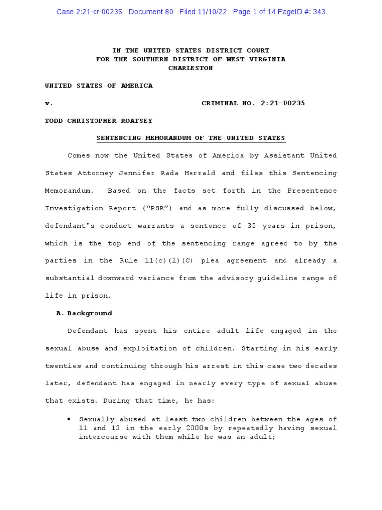 Todd Roatsey Sentencing Memorandum For The United States | PDF | Child ...