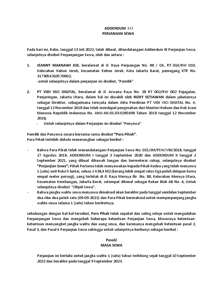 ADDENDUM III Sewa Ruko BPKJ AB-6 2022 | PDF
