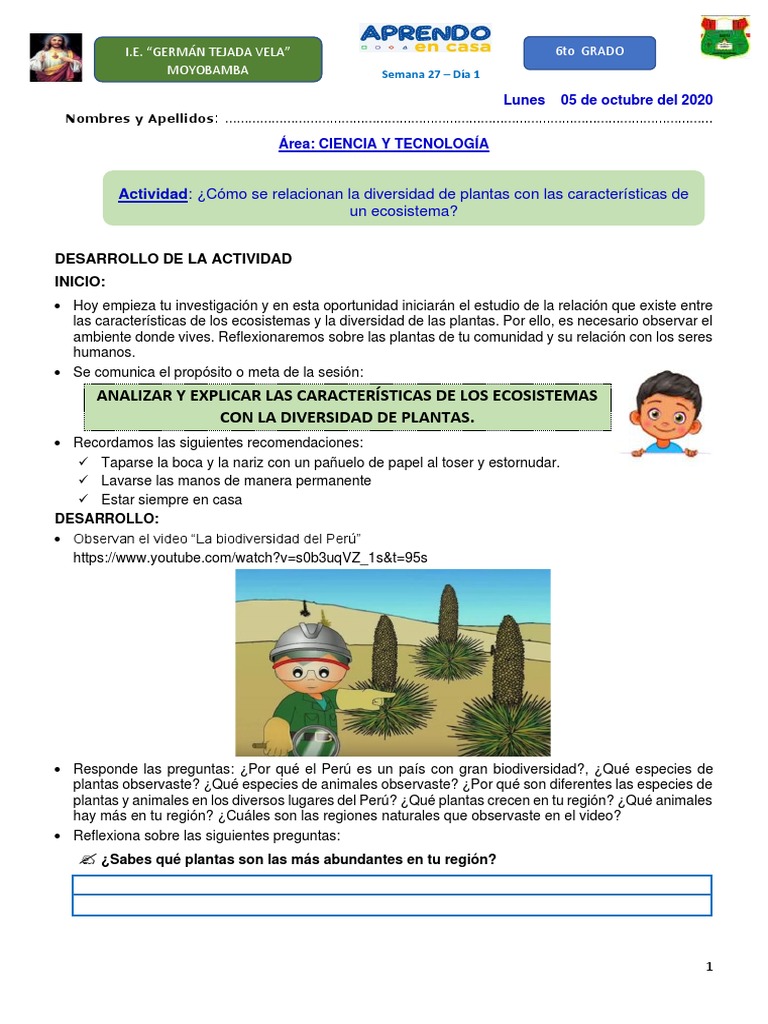 Semana 27 - Día 1 - Ficha de Ciencia y Tecnología Sexto Grado ...