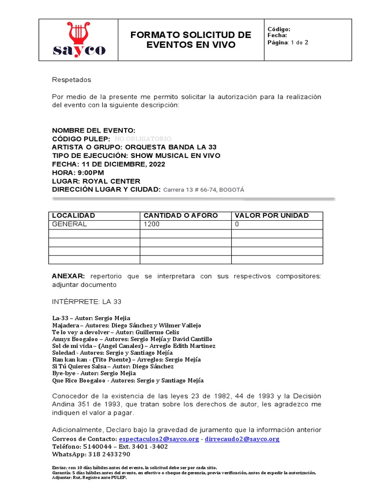 Formato Solicitud de Eventos FESTIVAL FERRETERO - V2 | PDF