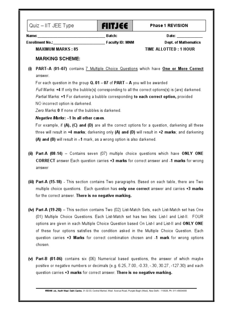 IIT JEE Quiz Revision - FIITJEE Phase 1 | PDF | Multiple Choice ...