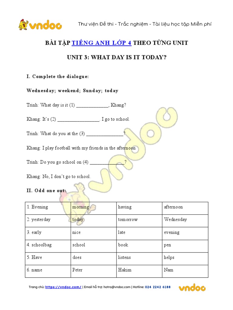Trac Nghiem Tieng Anh Lop 4 Unit 3 What Day Is It Today | PDF
