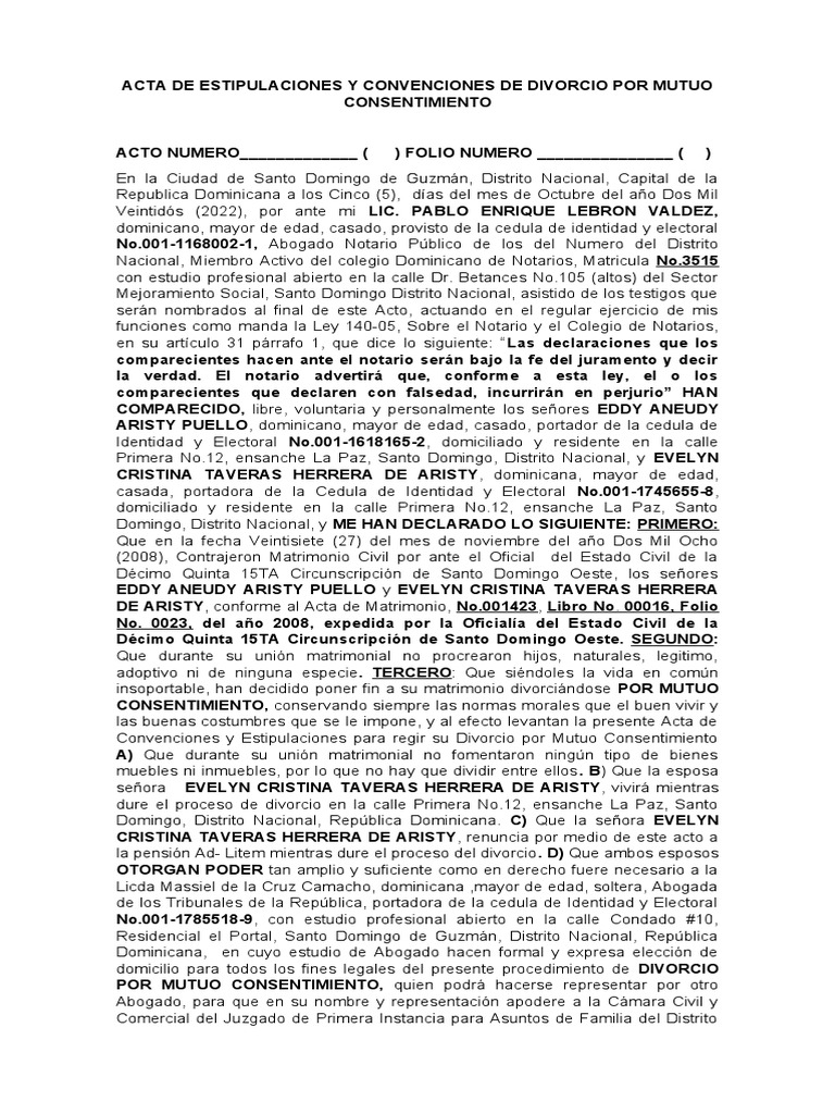 Acta de Estipulaciones y Convenciones de Divorcio Por Mutuo Consentimiento | PDF | República ...