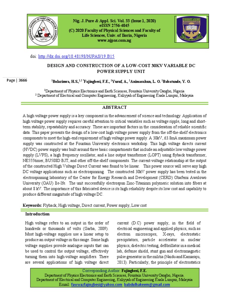 Design and Construction of A Low-Cost 30KV Variabl | Download Free PDF | Rectifier | Power Supply