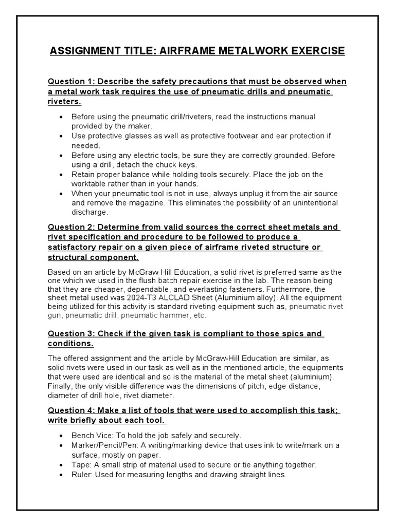 Assignment Title: Airframe Metalwork Exercise: Pneumatic Rivet Gun ...