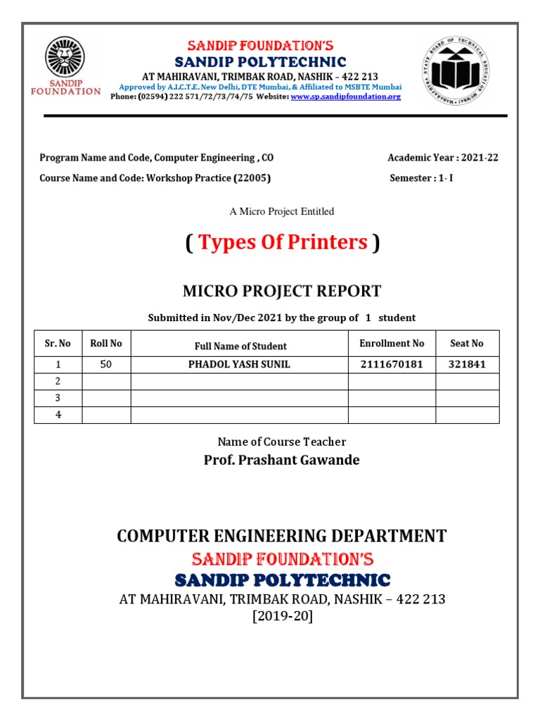 Types of Printers Micro Project Report | PDF