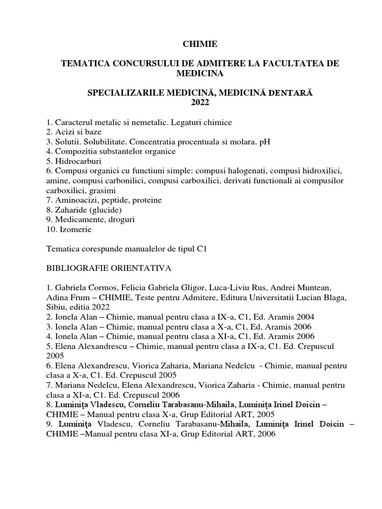 Tematica Chimie Medicina | PDF