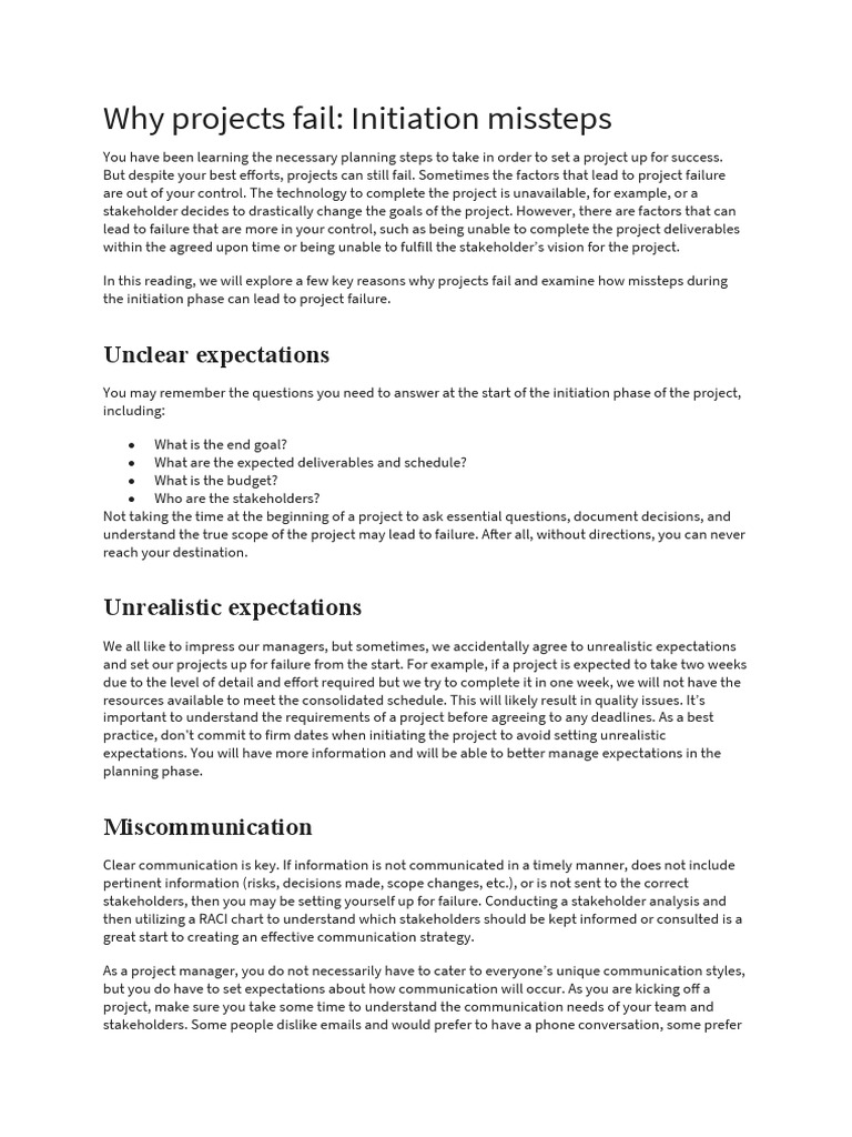 Why Projects Fail Due To Unclear Expectations And Unrealistic Timelines Pdf Communication Goal