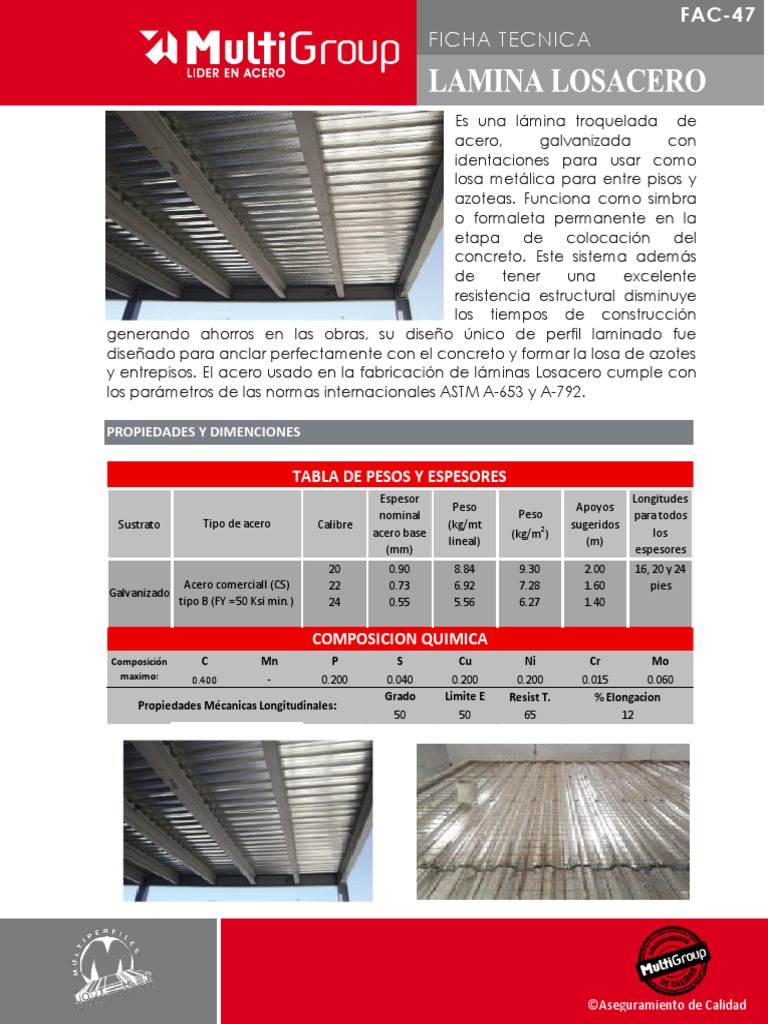 Ficha Técnica Lámina Losacero | PDF | Acero | Hormigón