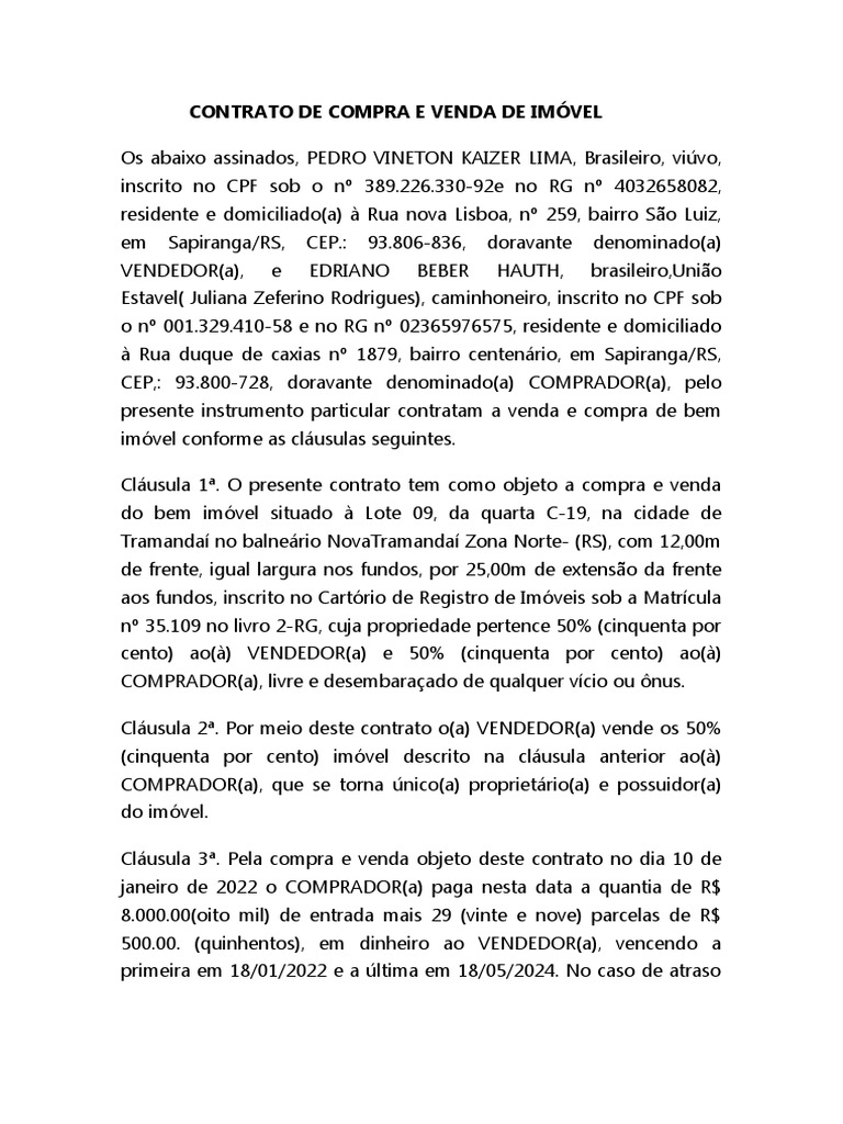 Contrato De Compra E Venda De Imóvel Pdf