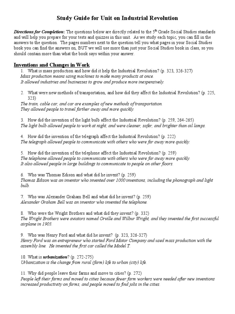 Industrial Revolution Study Guide for 5th Grade | PDF | Immigration ...
