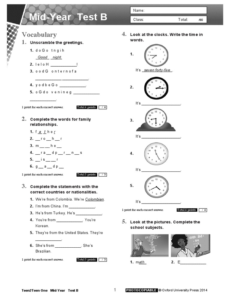 Level One Mid-Year TestB | PDF