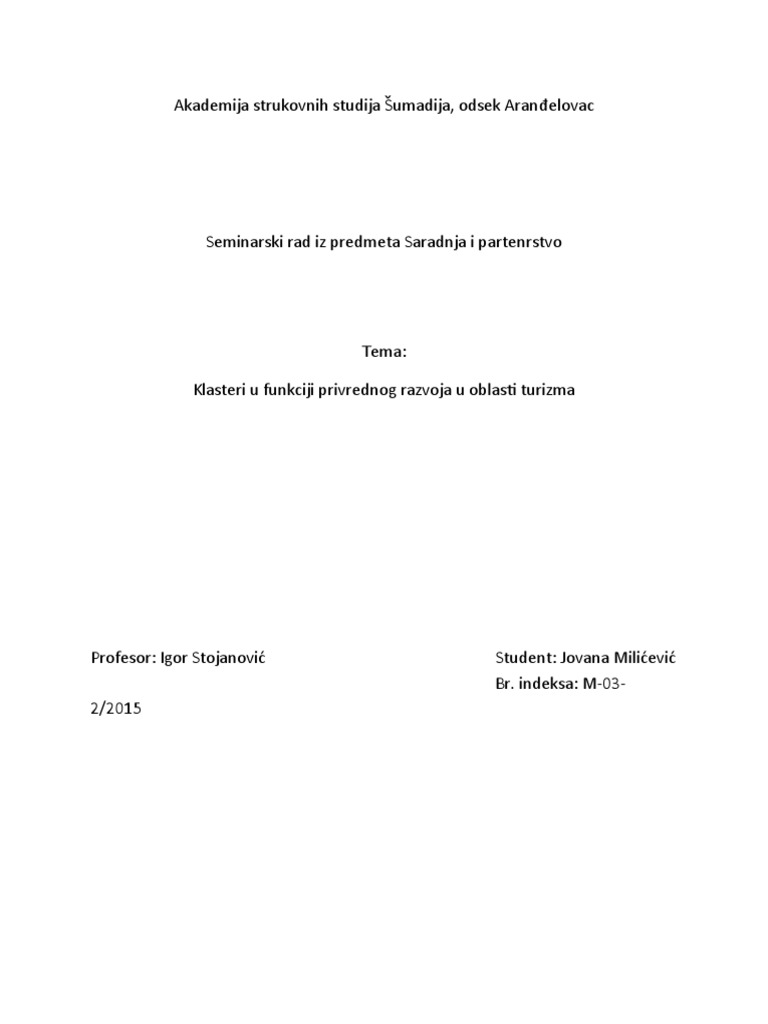 Klasteri U Funkciji Privrednog Razvoja U Oblasti Turizma | PDF