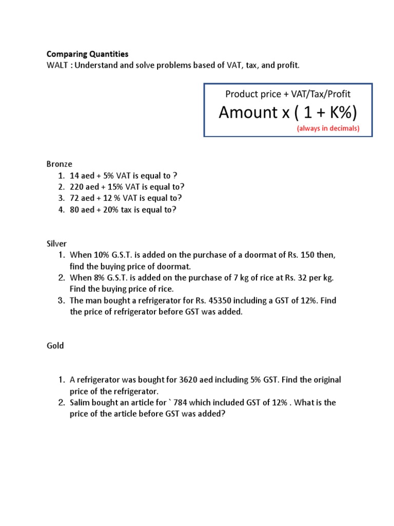 Comparing Quantities Tasksheet | PDF