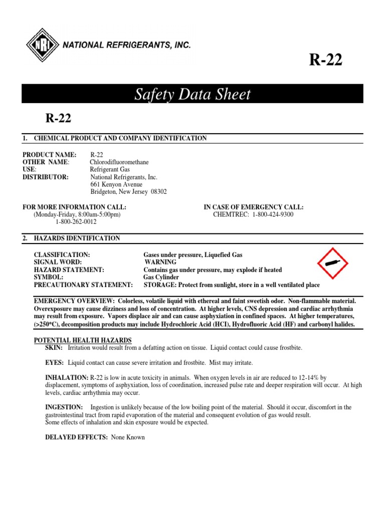 Safety Data Sheet for R-22 Refrigerant Gas: Hazards, Composition ...