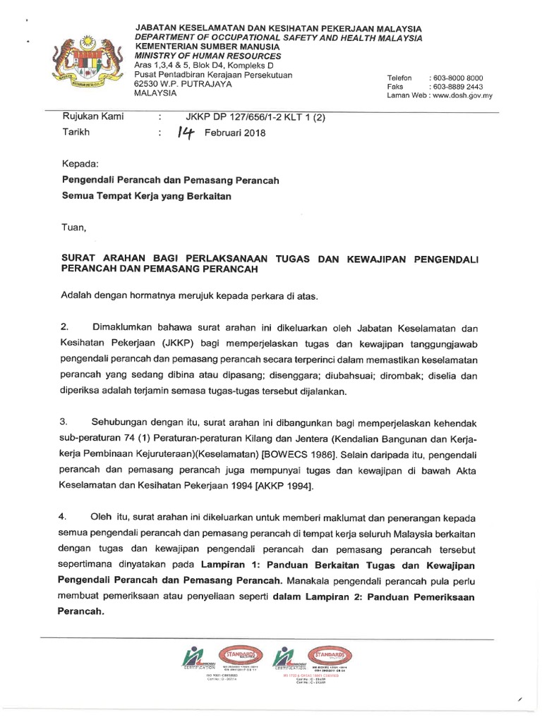 Surat Arahan Bagi Pelaksanaan Tugas & Kewajipan Pengendali Perancah Dan Pemasang Perancah | PDF