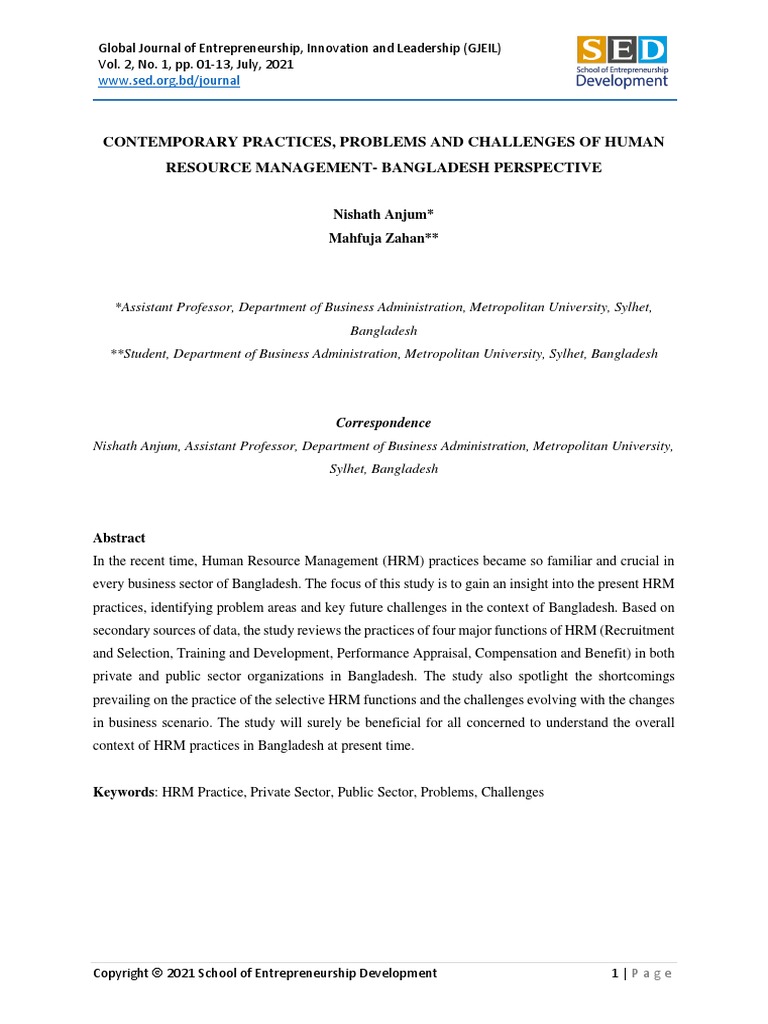 Contemporary Practices Problems and Challenges of Human Resource ...