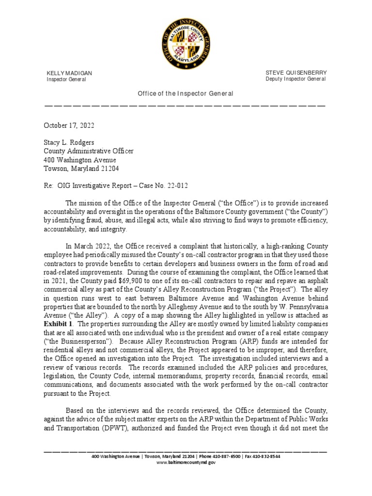 Baltimore County Inspector General Report | PDF | Easement | Property