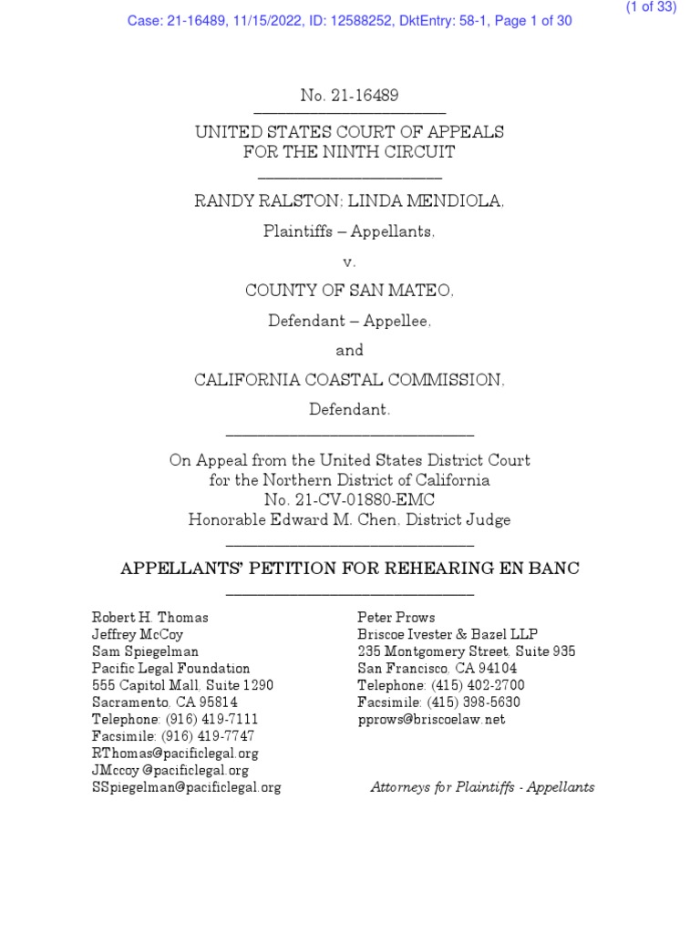 Appellants' Petition For Rehearing en Banc, Ralston v. San Mateo Cnty., No 21-16489 (9th Cir ...