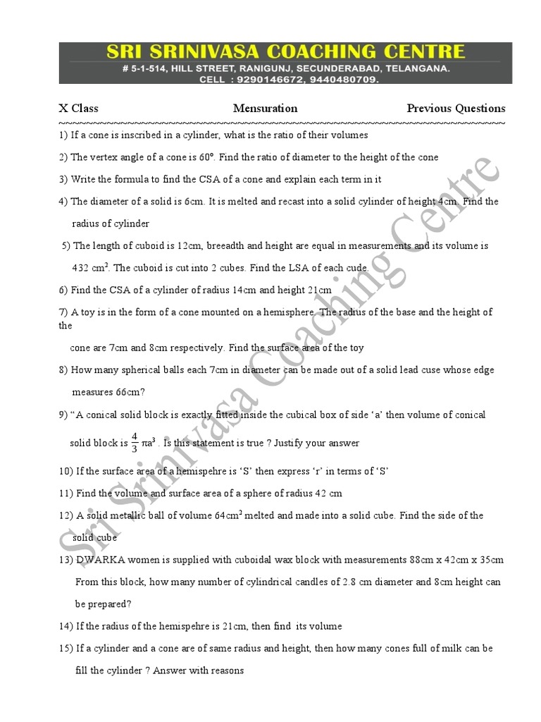 Mensuration Previous Questions | PDF | Sphere | Volume