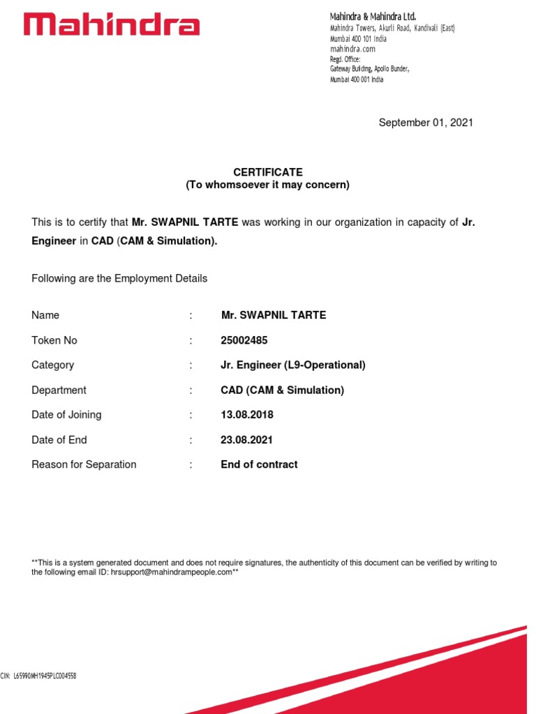 Mahindra Employment Certificate | PDF | Security Engineering | Security Technology