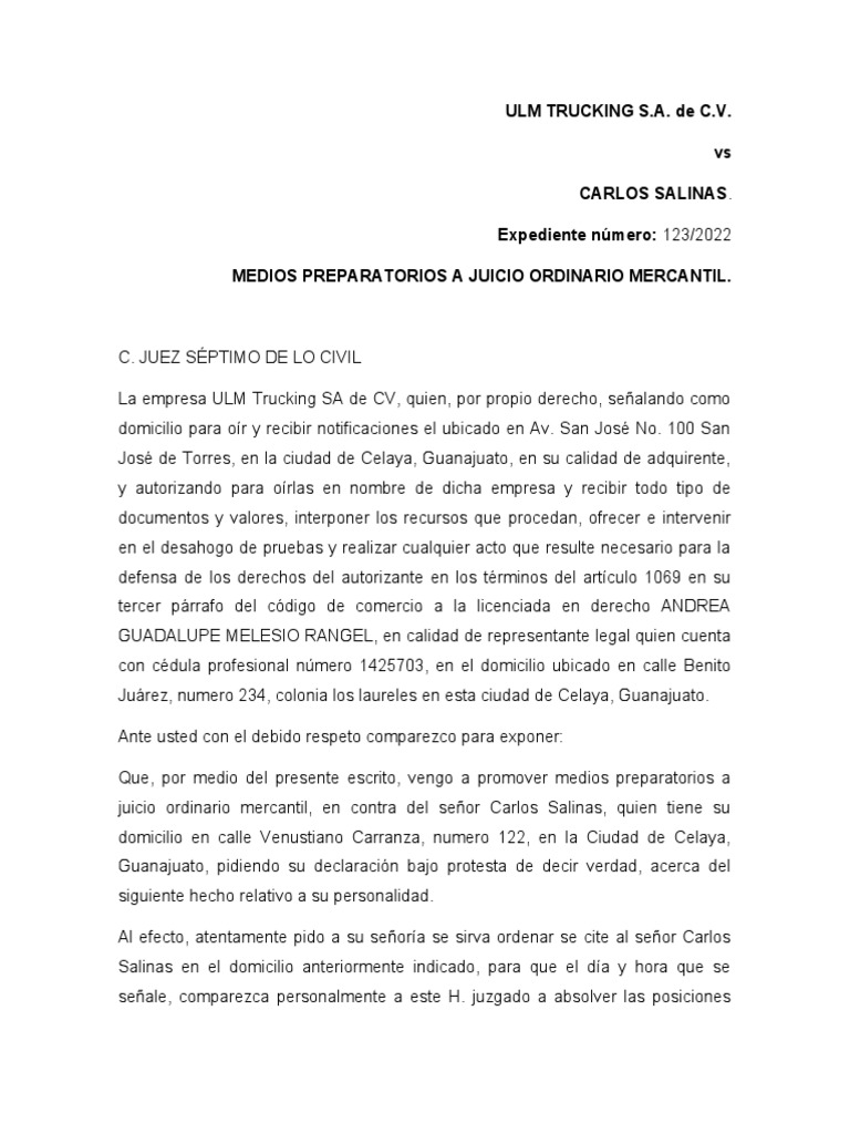 Escrito Medios Preparatorios A Juicio Mercantil | PDF | Ley común ...