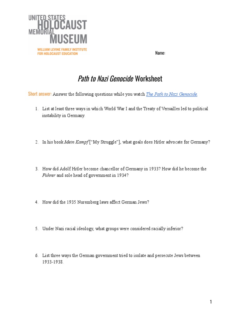 Path To Nazi Genocide Student Worksheet | PDF | Nazi Germany | The ...