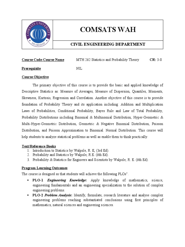 Course Lay Out (Stat & Prob) For CLO-PLO | PDF | Probability Distribution | Skewness
