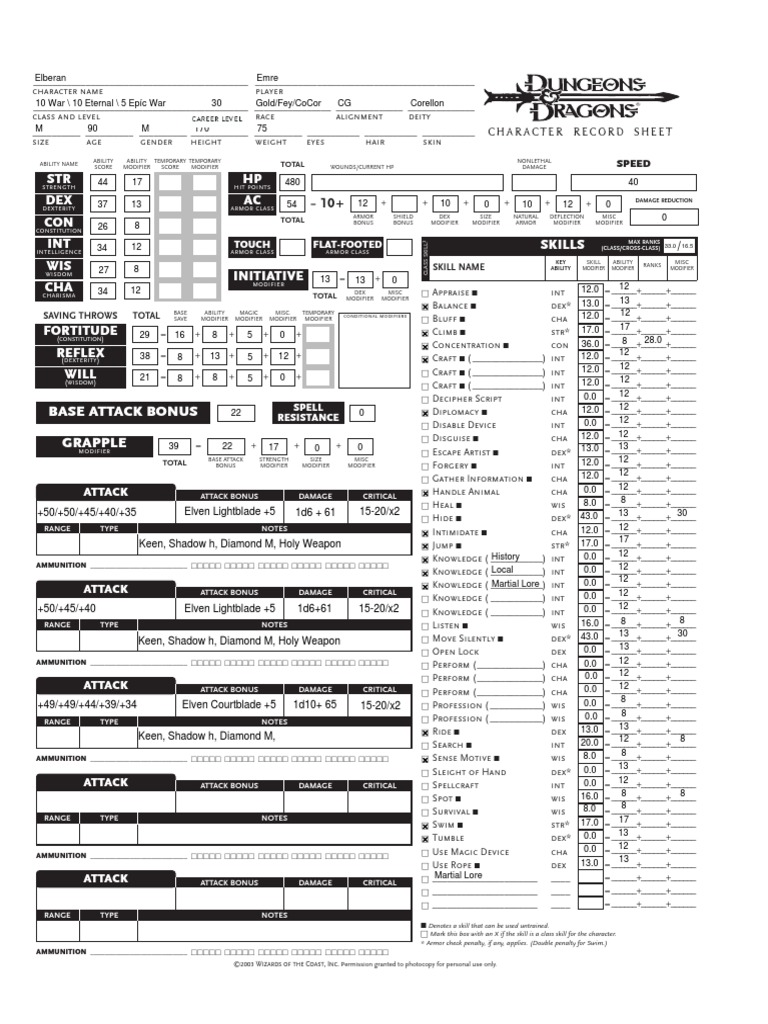 Character Sheet Warblade | PDF | Role Playing Games